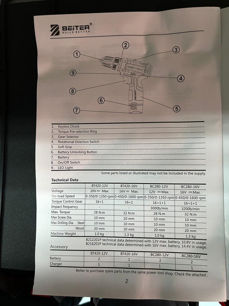 Beiter 16V 32 N.m Cordless Power Impact Driver Drill Two-Poexe Pack