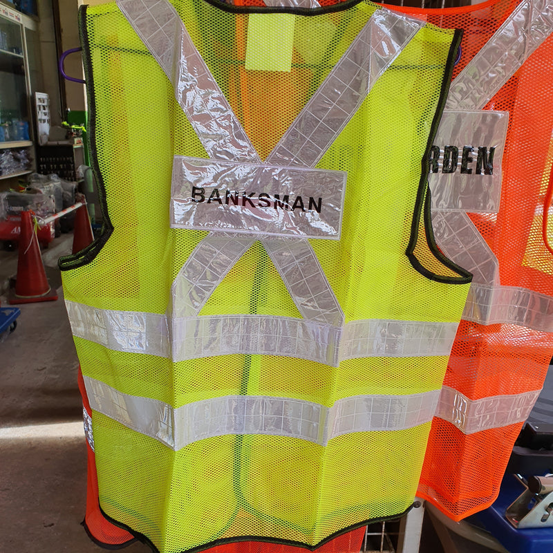 Green Safety Vest with words at back, Wording : Banksman, Fire Watchma