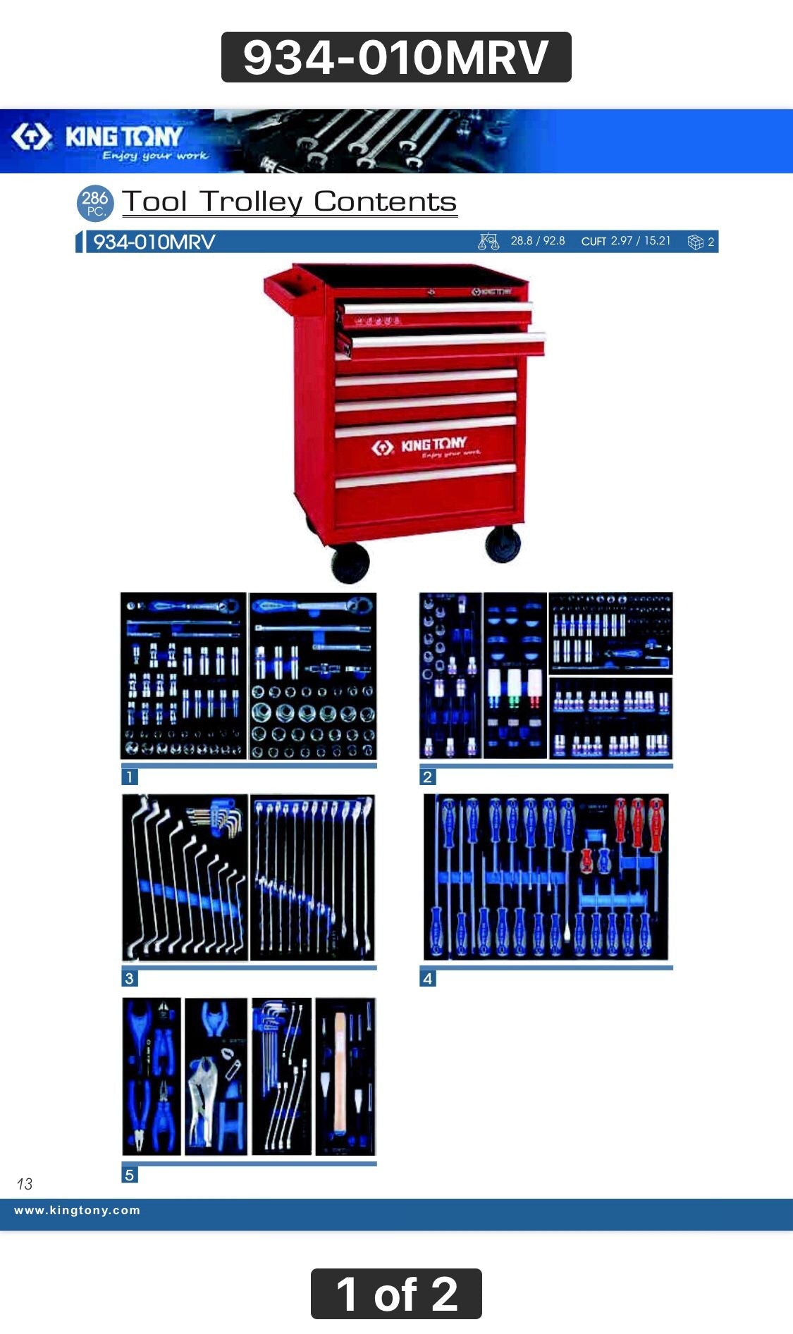 King Tony 286 Pcs Tool Trolley set with Eva Foam | Model : 934-010MRV
